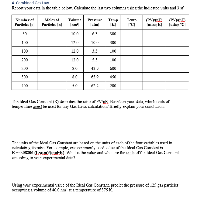 4. Combined Gas Law Report your data in the table | Chegg.com
