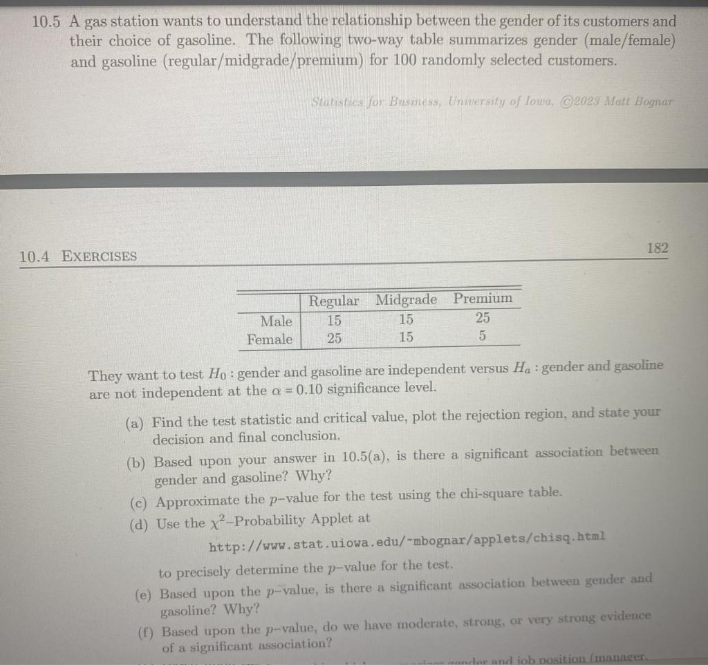 Solved 10.5 A gas station wants to understand the | Chegg.com
