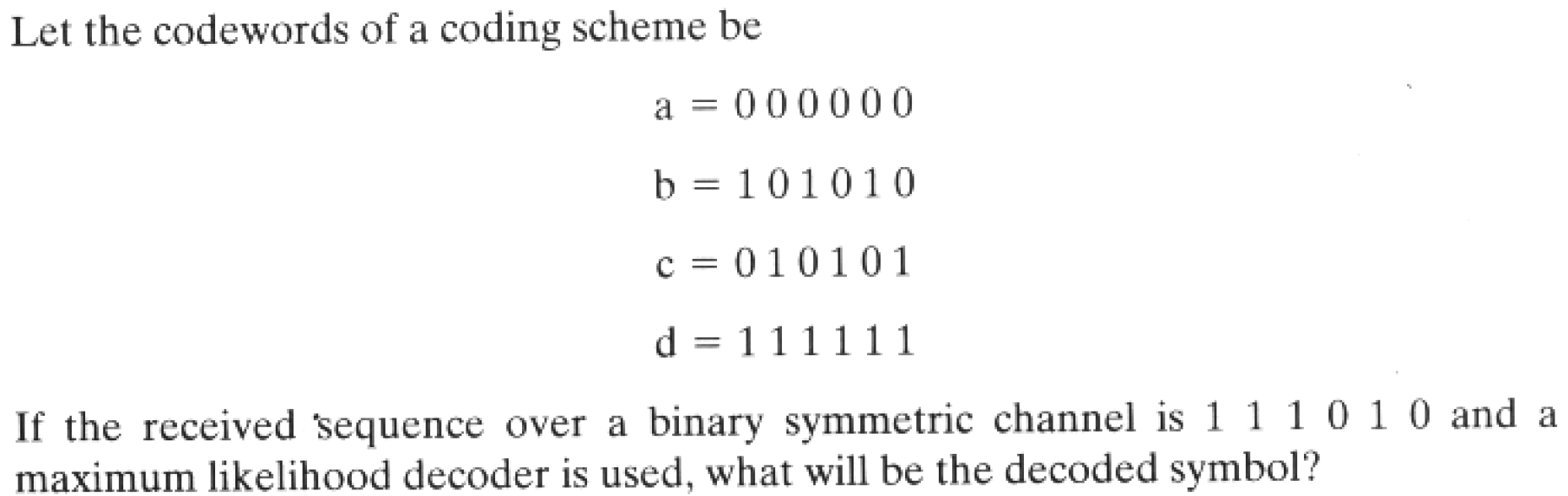Solved Let the codewords of a coding scheme be a = 000000 b | Chegg.com