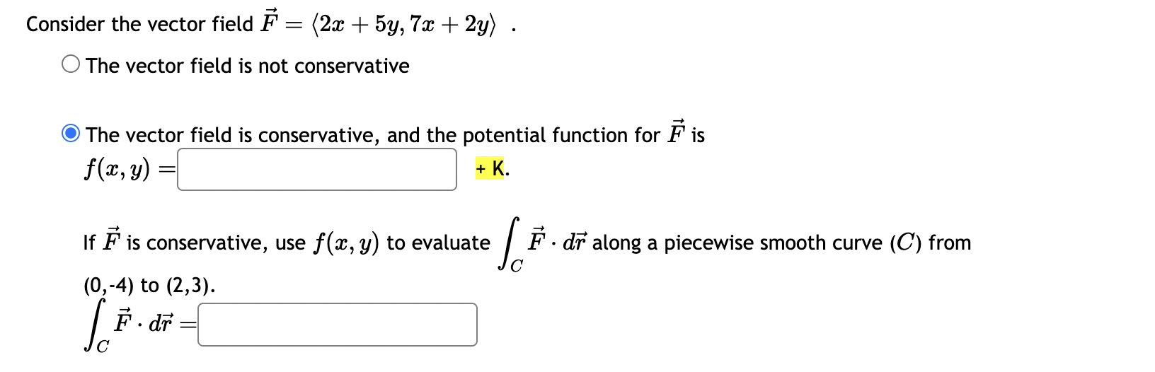 Solved Consider the vector field vec(F)=(:2x+5y,7x+2y:).The | Chegg.com