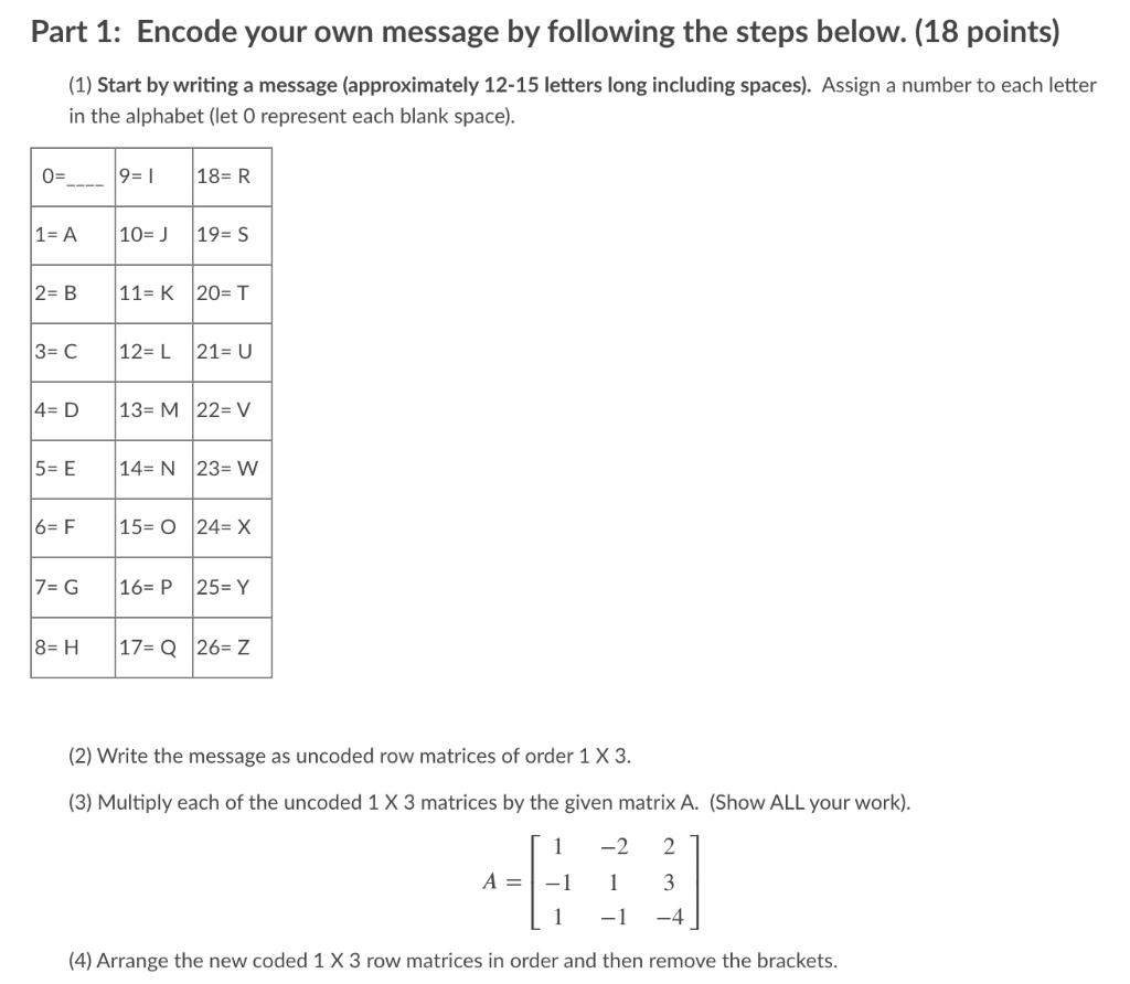 Solved Part 1: Encode your own message by following the | Chegg.com