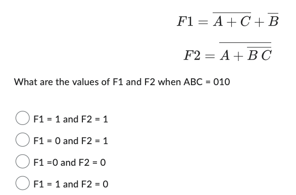 Solved What are the values of F1 and F2 when ABC = 010 F1 = | Chegg.com