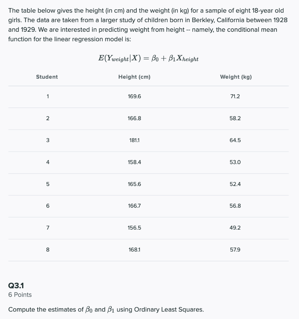Solved The table below gives the height (in cm) and the | Chegg.com