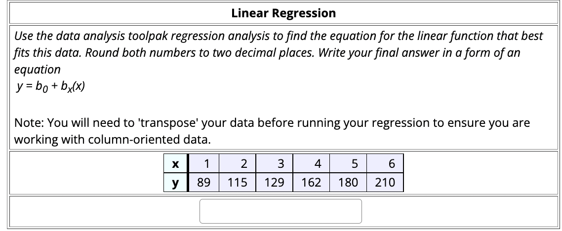 Solved Linear Regression Use the data analysis toolpak | Chegg.com