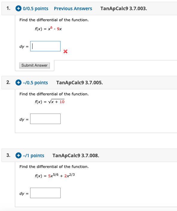 Solved 1. 0/0.5 points Previous Answers TanApCalc9 3.7.003. | Chegg.com