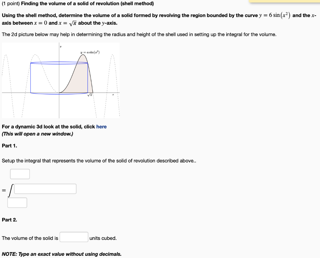 Solved (1 point) Finding the volume of a solid of revolution | Chegg.com