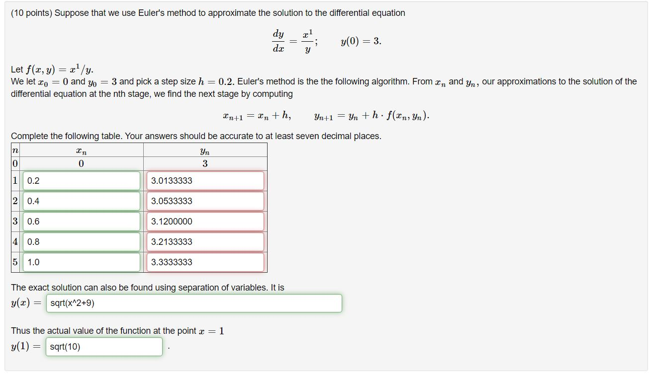 Solved (10 points) Suppose that we use Euler's method to | Chegg.com