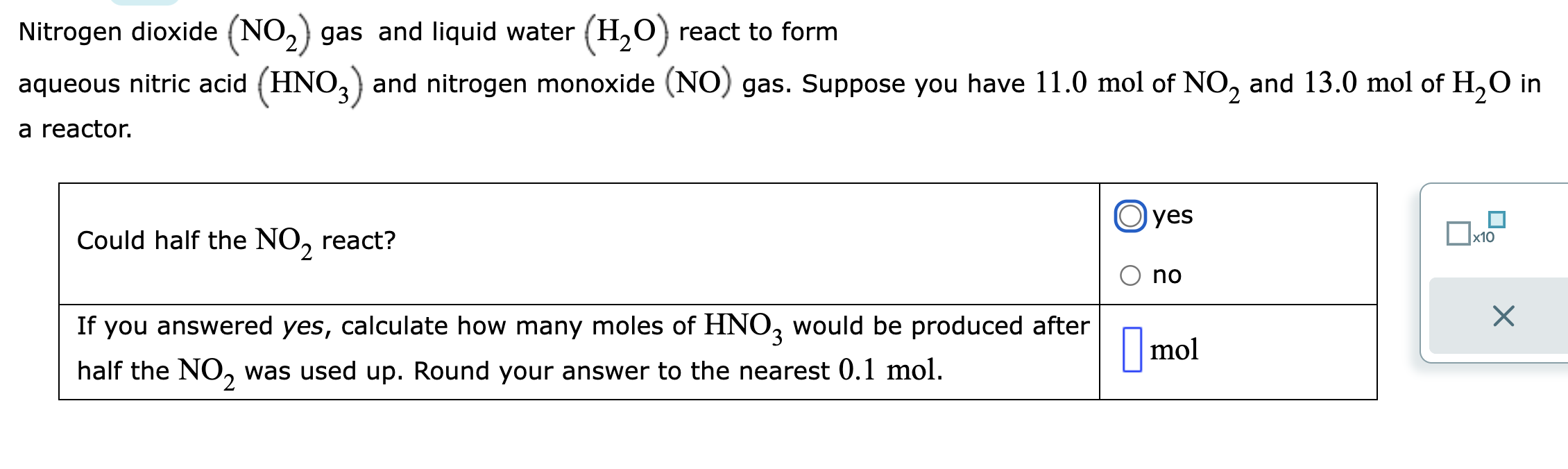 Solved Nitrogen dioxide (NO2) gas and liquid water (H2O) | Chegg.com