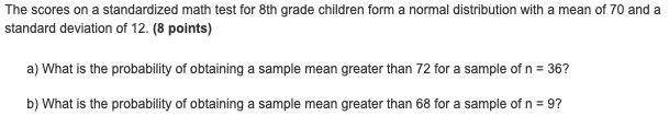 Solved The scores on a standardized math test for 8th grade | Chegg.com
