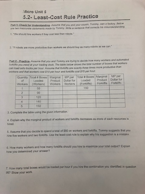 Micro Unit 5 5.2- Least-Cost Rule Practice 2art 1 are | Chegg.com