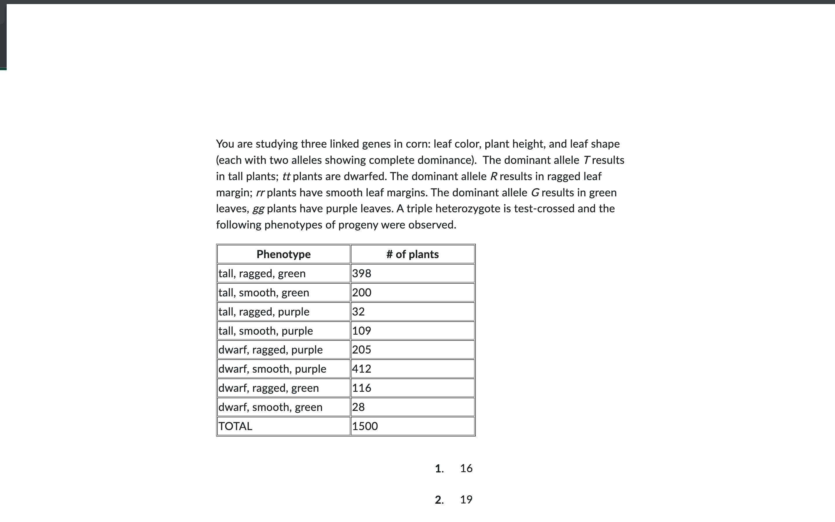 Solved You are studying three linked genes in corn: leaf | Chegg.com
