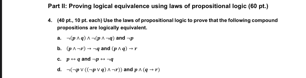 Solved Part II: Proving logical equivalence using laws of | Chegg.com