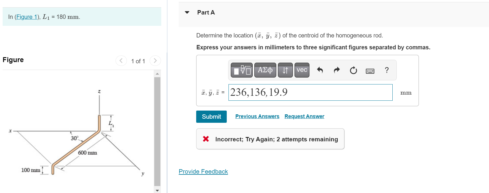 Solved L1=180 mm Determine the location (xˉ,yˉ,zˉ) of the | Chegg.com