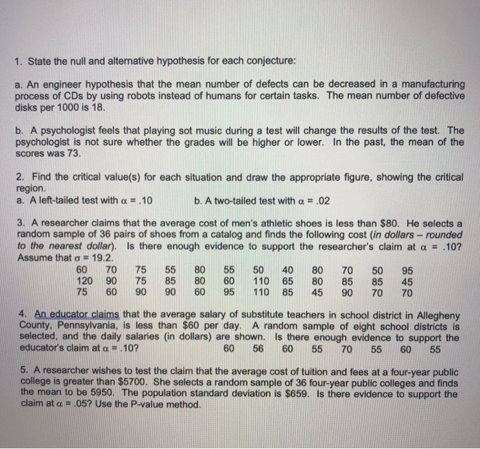 Solved 1. State the null and alternative hypothesis for each | Chegg.com