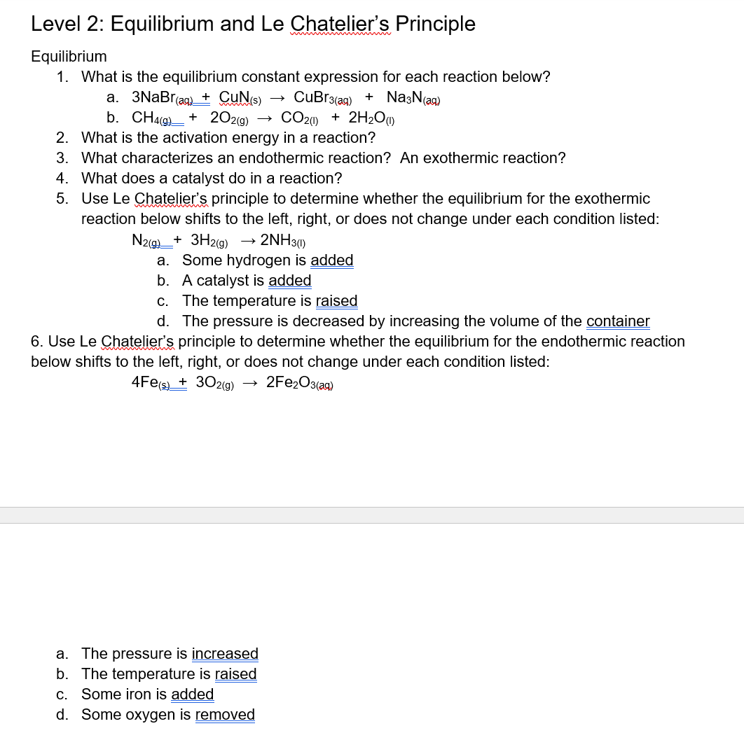 Solved Level 2: Equilibrium and Le Chatelier's Principle | Chegg.com