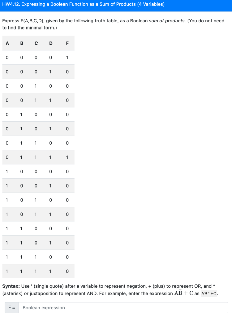 Solved HW4.12. Expressing a Boolean Function as a Sum of | Chegg.com
