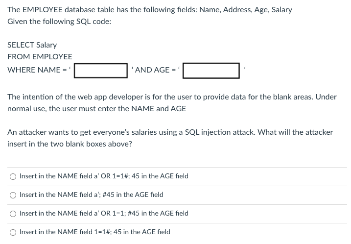 Solved The EMPLOYEE database table has the following fields: | Chegg.com