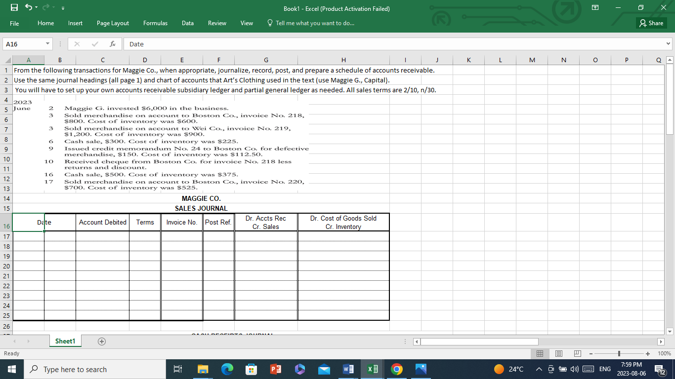 Solved Book1 - Excel (Product Activation Failed) File Home | Chegg.com