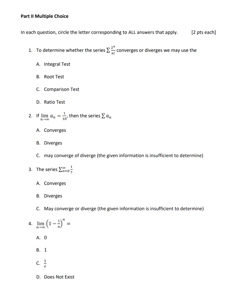 Solved Part II Multiple Choice In each question, circle the | Chegg.com