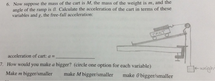 Solved 6. Now suppose the mass of the cart is M, the mass of | Chegg.com