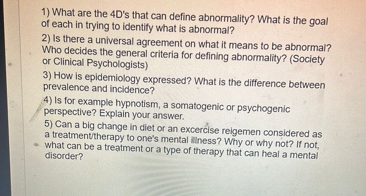 Solved 1)What are the 4D's that can define abnormality? What | Chegg.com