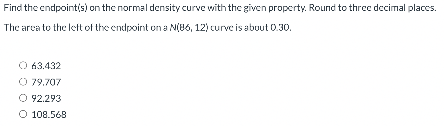 Solved Find the endpoint(s) on the normal density curve with | Chegg.com