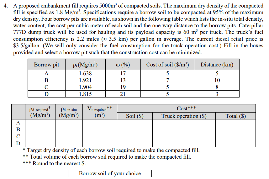 Solved 4. A proposed embankment fill requires 5000m² of | Chegg.com