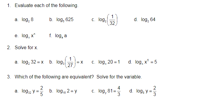 Solved 1. Evaluate each of the following. a. log, 8 b. log, | Chegg.com