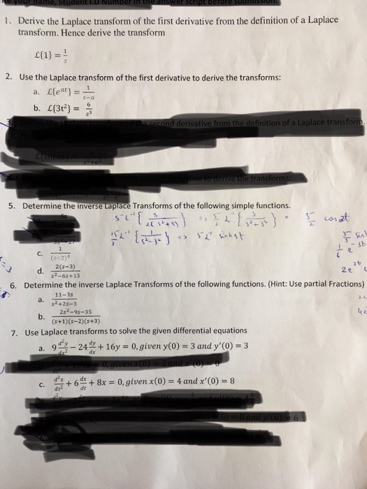 Solved Derive the Laplace transform of the first derivative | Chegg.com