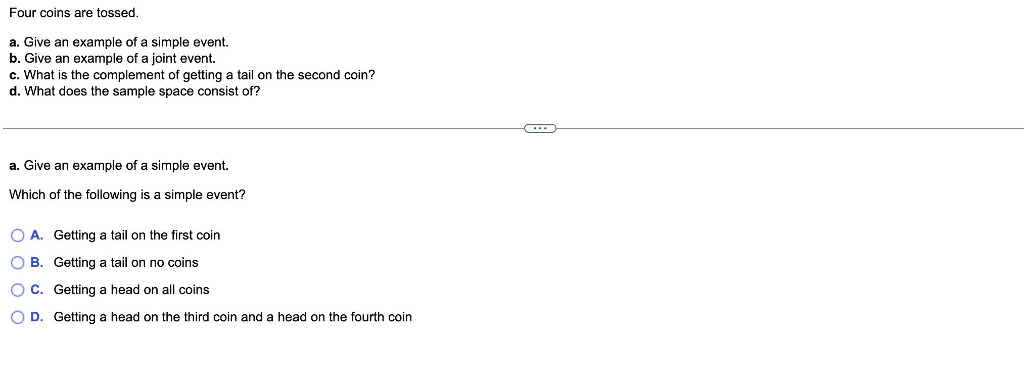 Solved Four coins are tossed. a. Give an example of a simple | Chegg.com