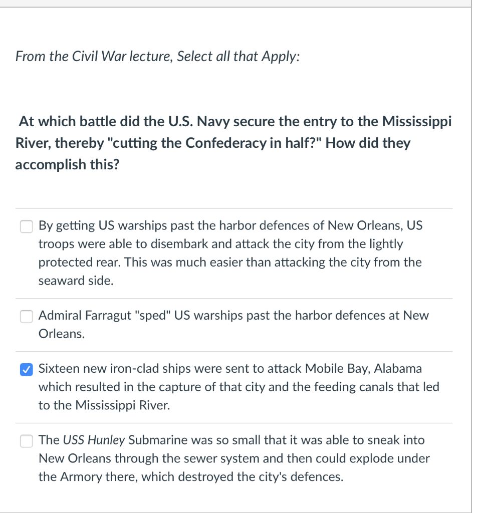 From the Civil War lecture, Select all that Apply: At | Chegg.com
