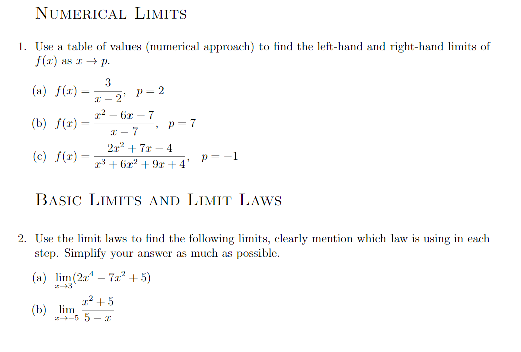 Solved 1. Use a table of values (numerical approach) to find | Chegg.com