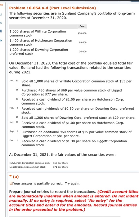 Solved ES Problem 16-05A a-d (Part Level Submission) The | Chegg.com