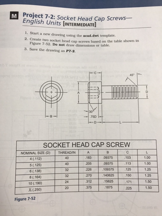 Solved M Project 7-2: Socket Head Cap Screws English Units | Chegg.com
