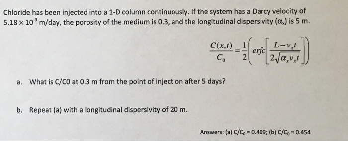 Solved Chloride has been injected into a 1-D column | Chegg.com