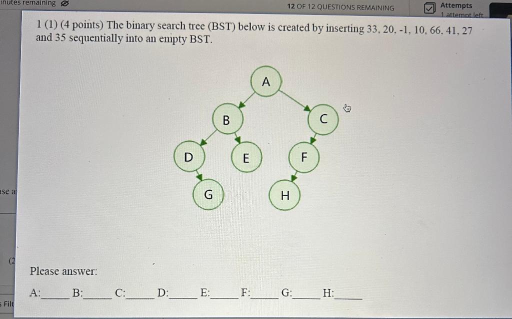 Solved 1 (1) (4 points) The binary search tree (BST) below | Chegg.com