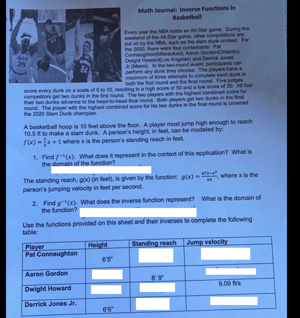 Solved Math Journal: Inverse Functions in Basketball OD 39 | Chegg.com