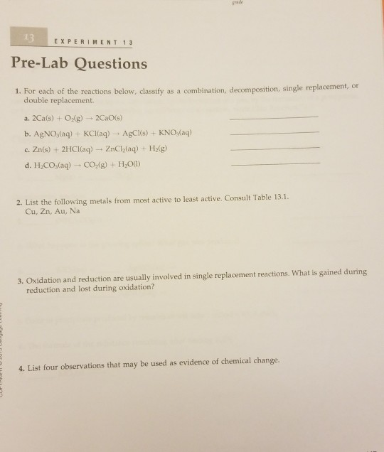 Solved 13 Pre-Lab Questions 1. For each of the reactions | Chegg.com