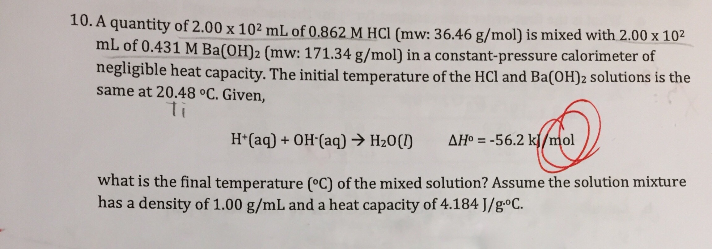 Solved 10. A quantity of 2.00 x 102 mL of 0.862 M HCl (mw: | Chegg.com