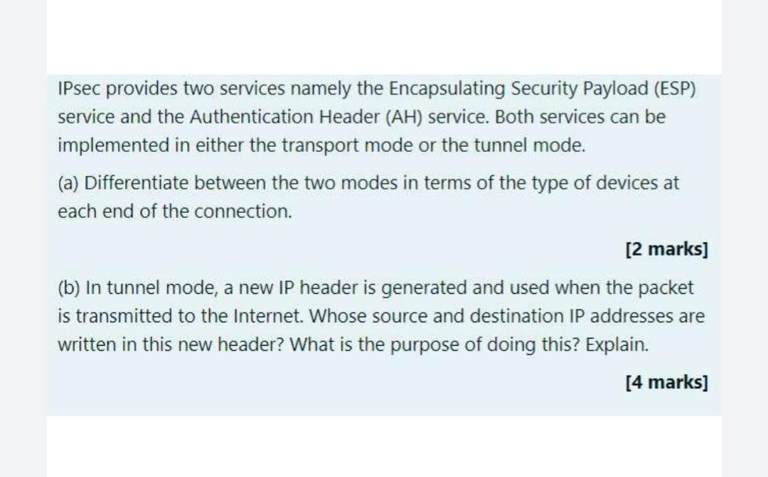 Solved IPsec provides two services namely the Encapsulating | Chegg.com