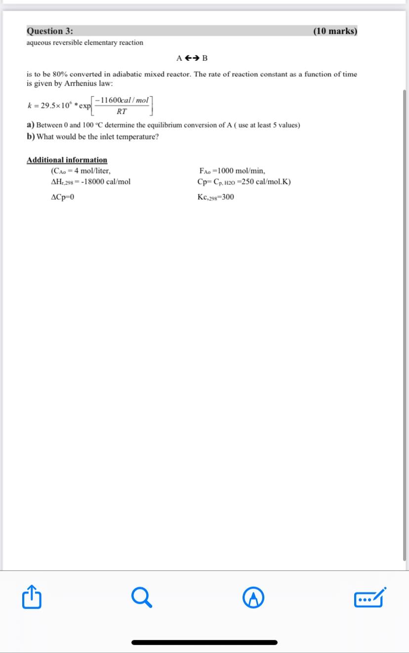 Solved aqueous reversible elementary reaction A∈→B is to be | Chegg.com