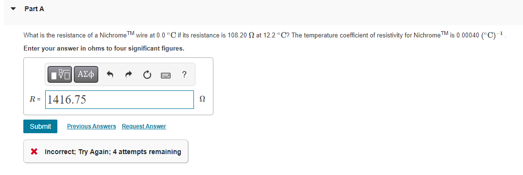 Solved What is the resistance of a Nichrome TM wire at 0.0∘C | Chegg.com