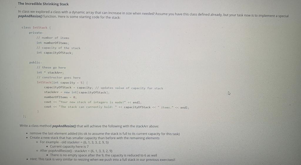 Solved The Incredible Shrinking Stack In class we explored a | Chegg.com