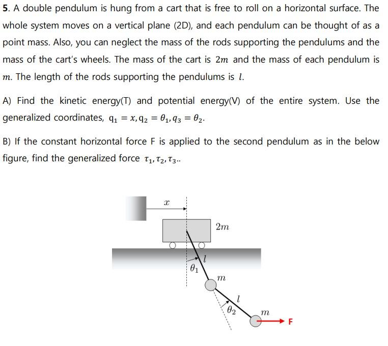 Solved 5. A double pendulum is hung from a cart that is free | Chegg.com