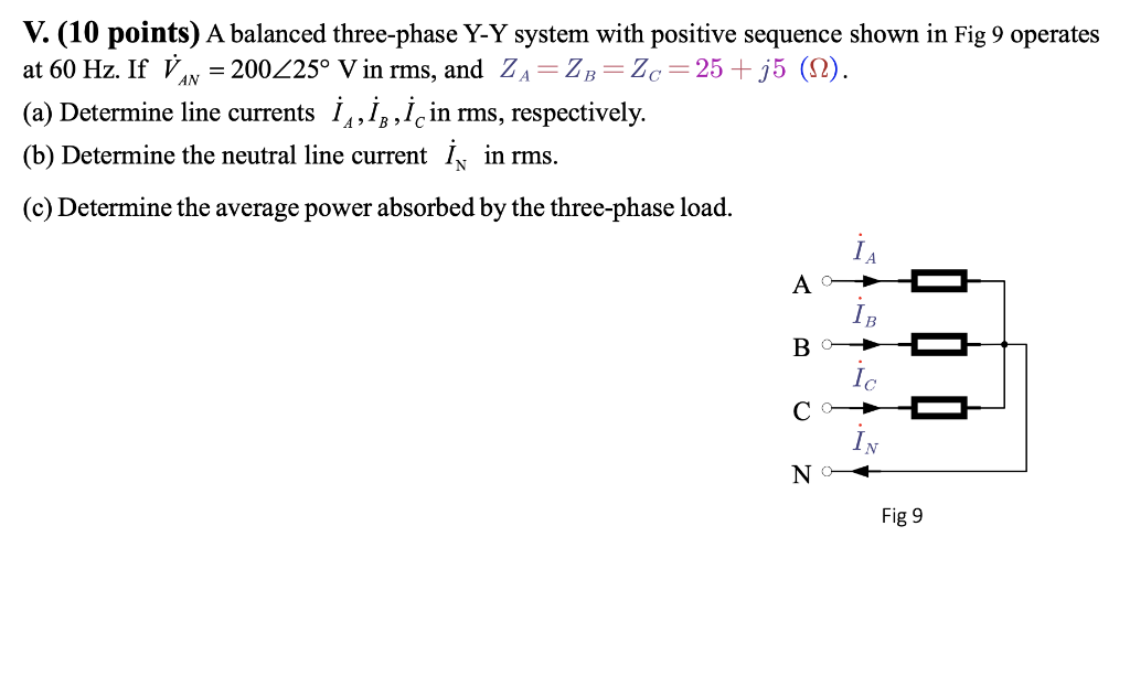 Solved V. (10 points) A balanced three-phase Y-Y system with | Chegg.com