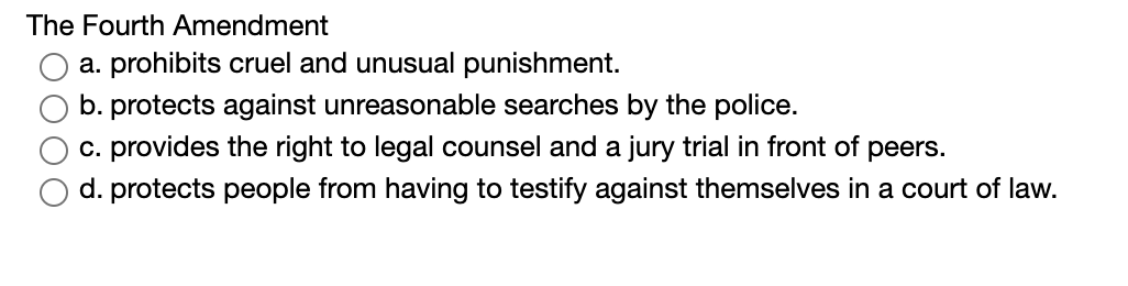 Solved The Fourth Amendment a. prohibits cruel and unusual | Chegg.com