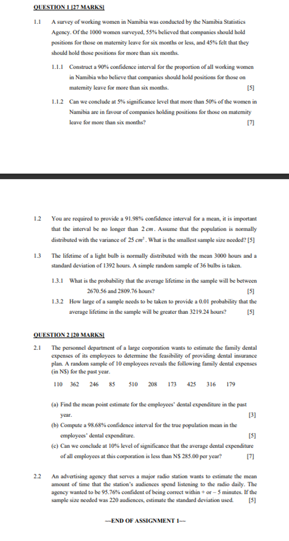 Solved QUESTION 1 [27 ﻿MARKS]1.1 ﻿A survey of working women | Chegg.com