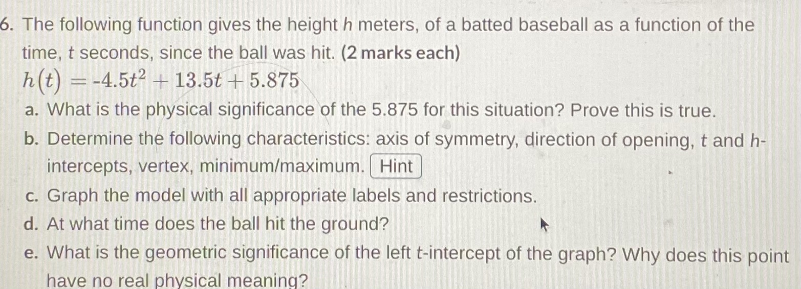 Solved The following function gives the height h meters, of | Chegg.com