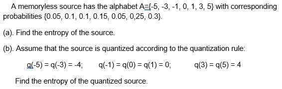 Solved A memoryless source has the alphabet AE-5, -3,-1, 0, | Chegg.com