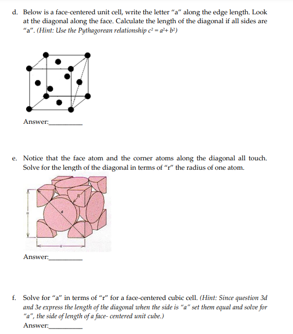 Solved d. Below is a face-centered unit cell, write the | Chegg.com
